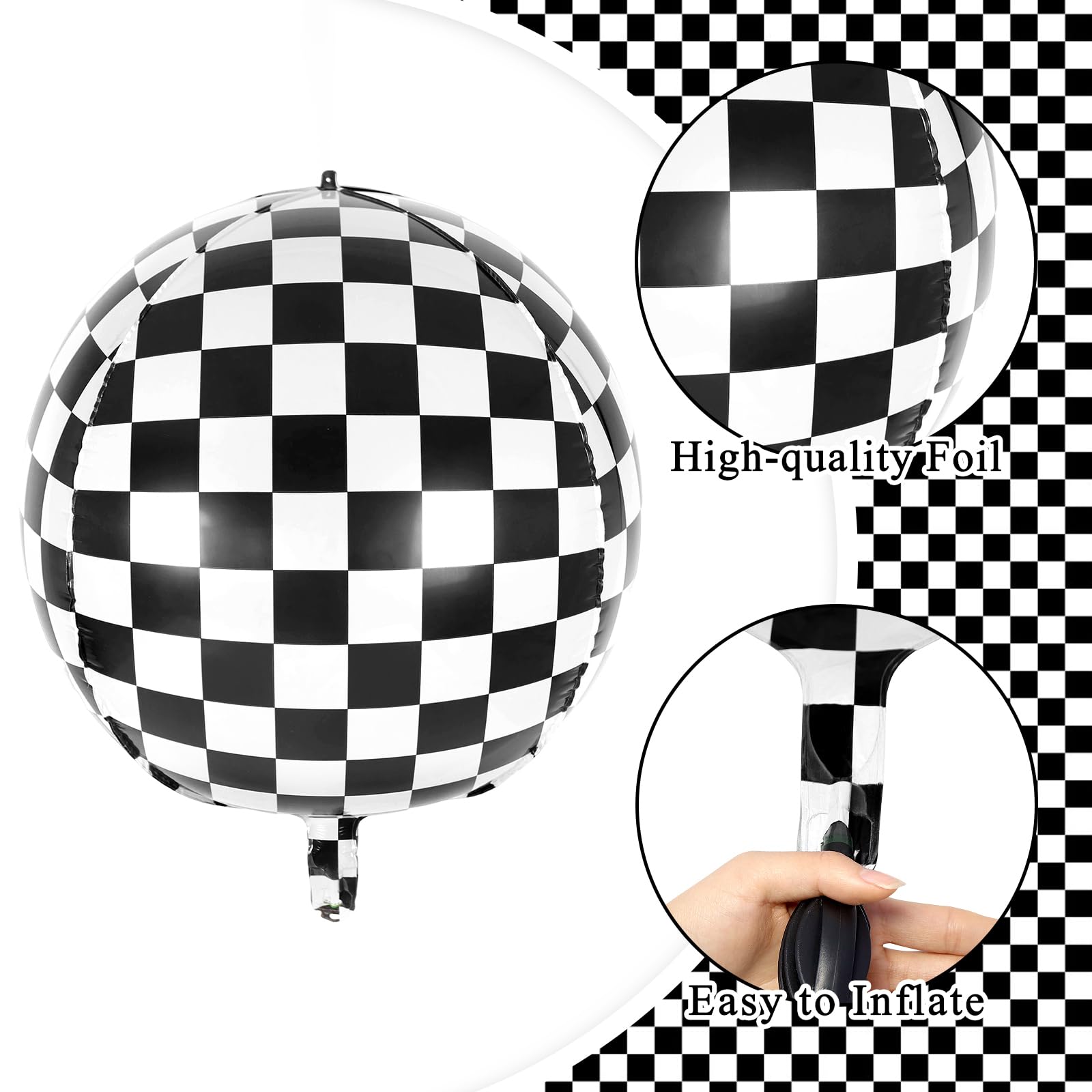 Checkered Balloons, 22 Inch Checkered Round Foil Balloons, 6 Pcs Black and White Checkerboard Mylar Sphere Balloons for Race Car Birthday Party Decorations Supplies
