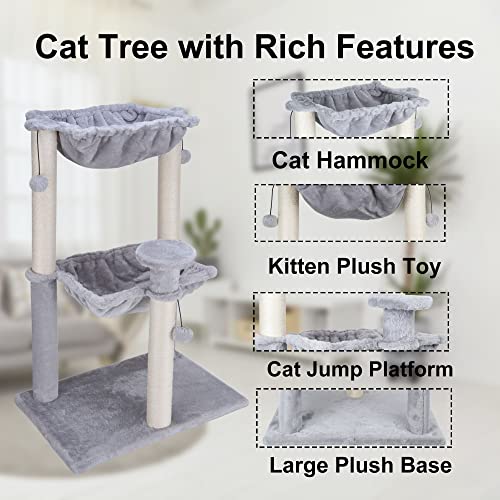 Dimaka Cat Tree Tower with 2 Big Soft Spacious Top Hammocks for Indoor Cats,Multi-Level Cat Furniture with 3 Dangling Balls for Adult Cats,Gray(33.5" Tall)