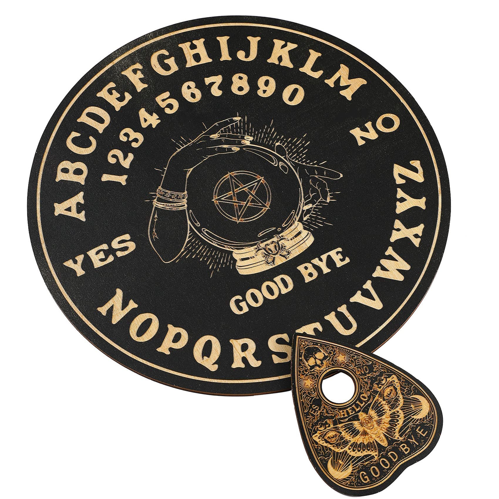 Keithwood 11.5’’ Black Spirit Board with Planchette Handmade Black Talking Board Game Spirit Board for Spirit Hunt, Witch Craft, Occult Practice - Magic Crystal Ball Pentagram Star in Hands