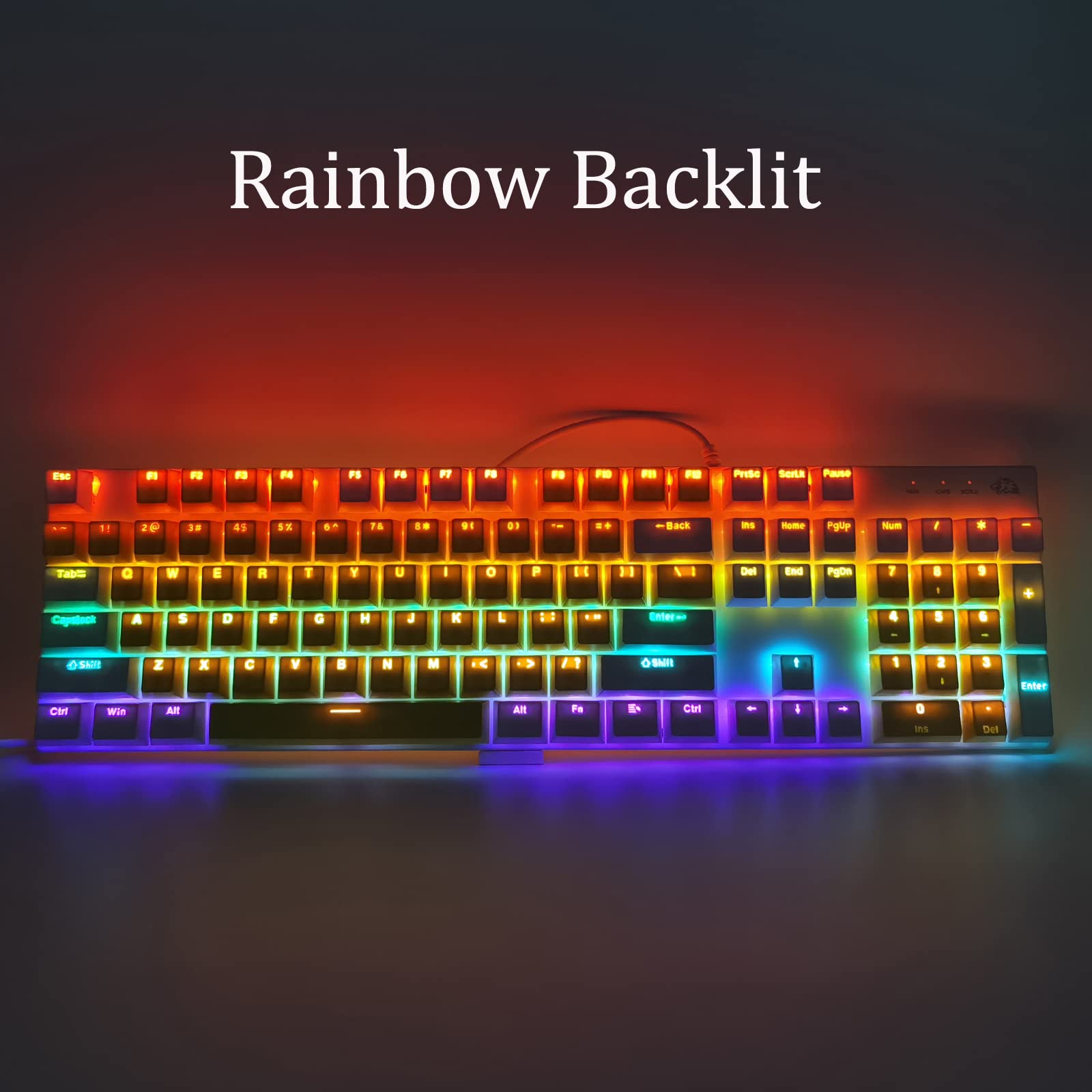 Basaltech Mechanical Gaming Keyboard with Rainbow LED Backlit, 104-Key Anti-Ghosting Blue Switch Metal Panel Light Up Keyboard Ergonomic Design Wired USB for PC, Laptop, Mac (Blue-White)