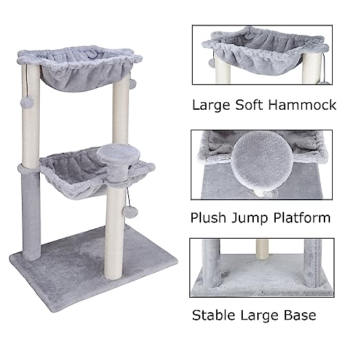 Dimaka Cat Tree Tower with 2 Big Soft Spacious Top Hammocks for Indoor Cats,Multi-Level Cat Furniture with 3 Dangling Balls for Adult Cats,Gray(33.5" Tall)