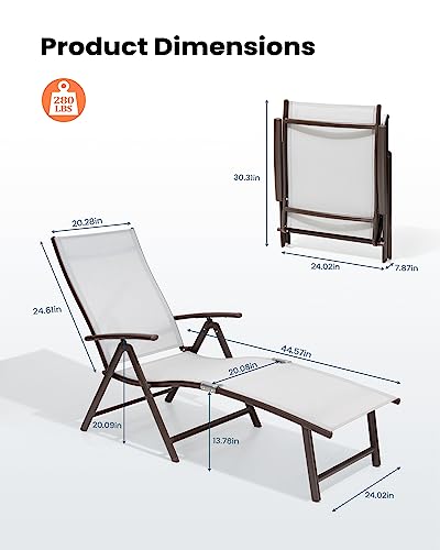 Pellebant Aluminum Patio Chaise Lounge Chair, Adjustable Chair for Outside with 8 Backrest Positions, Brown Frame, Folding Outdoor Recliners All Weather for Beach, Pool and Yard, Light Grey