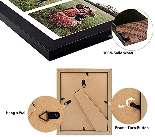 Golden State Art, 8.5x11 Black Wooden Picture Frame - White Mat for 2-5x7 Photos or 8.5x11 Certificate Without Mat - Real Glass - Easel Stand for Landscape/Portrait Table Display
