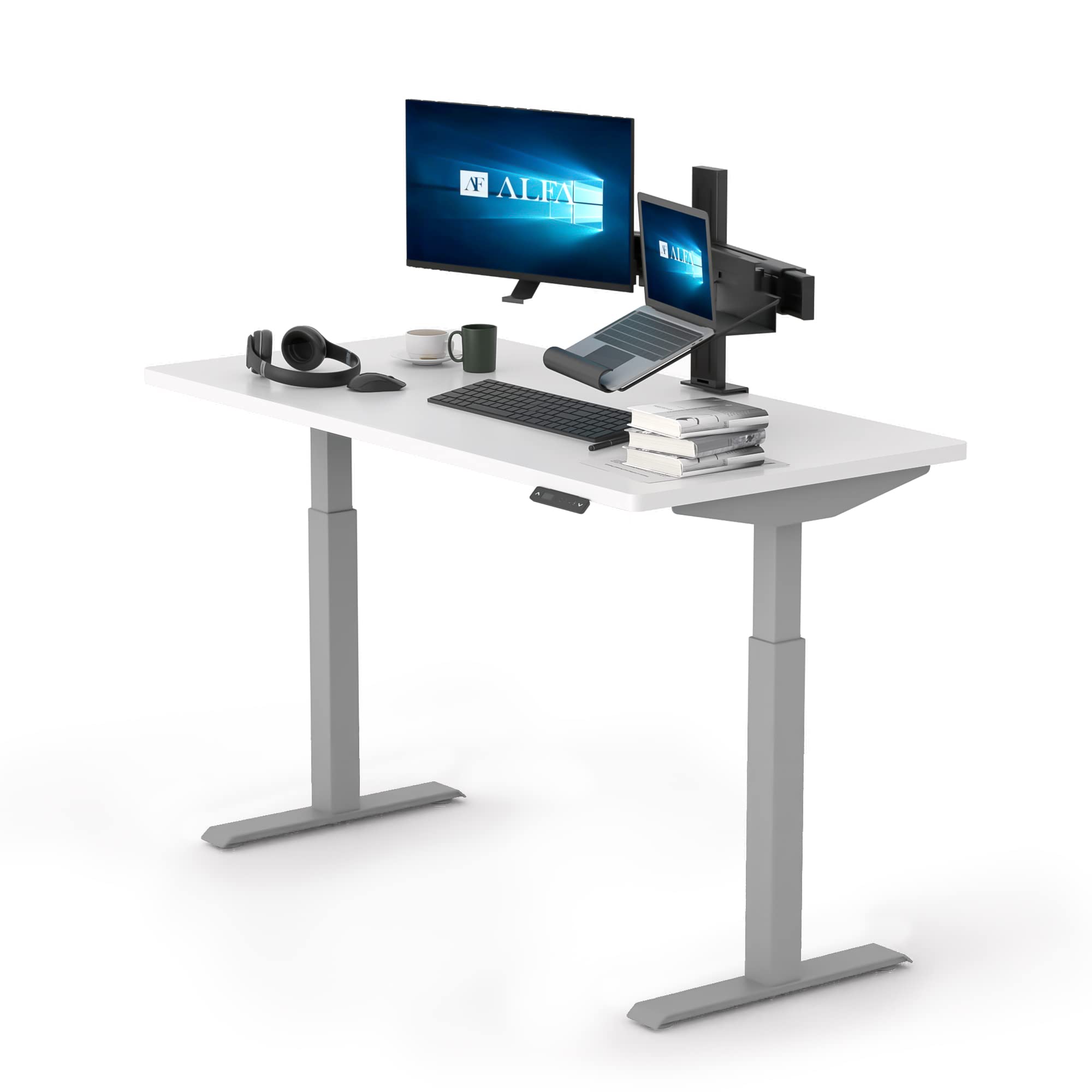 ALFA FURNISHING Dual Motor Standing Desk, 60 x30 Inch Electric Adjustable Height Sit Stand Desk for Home Office, Pre-Set Height Setting and Quick Install Frame (Cloud White Top + Sliver Frame)