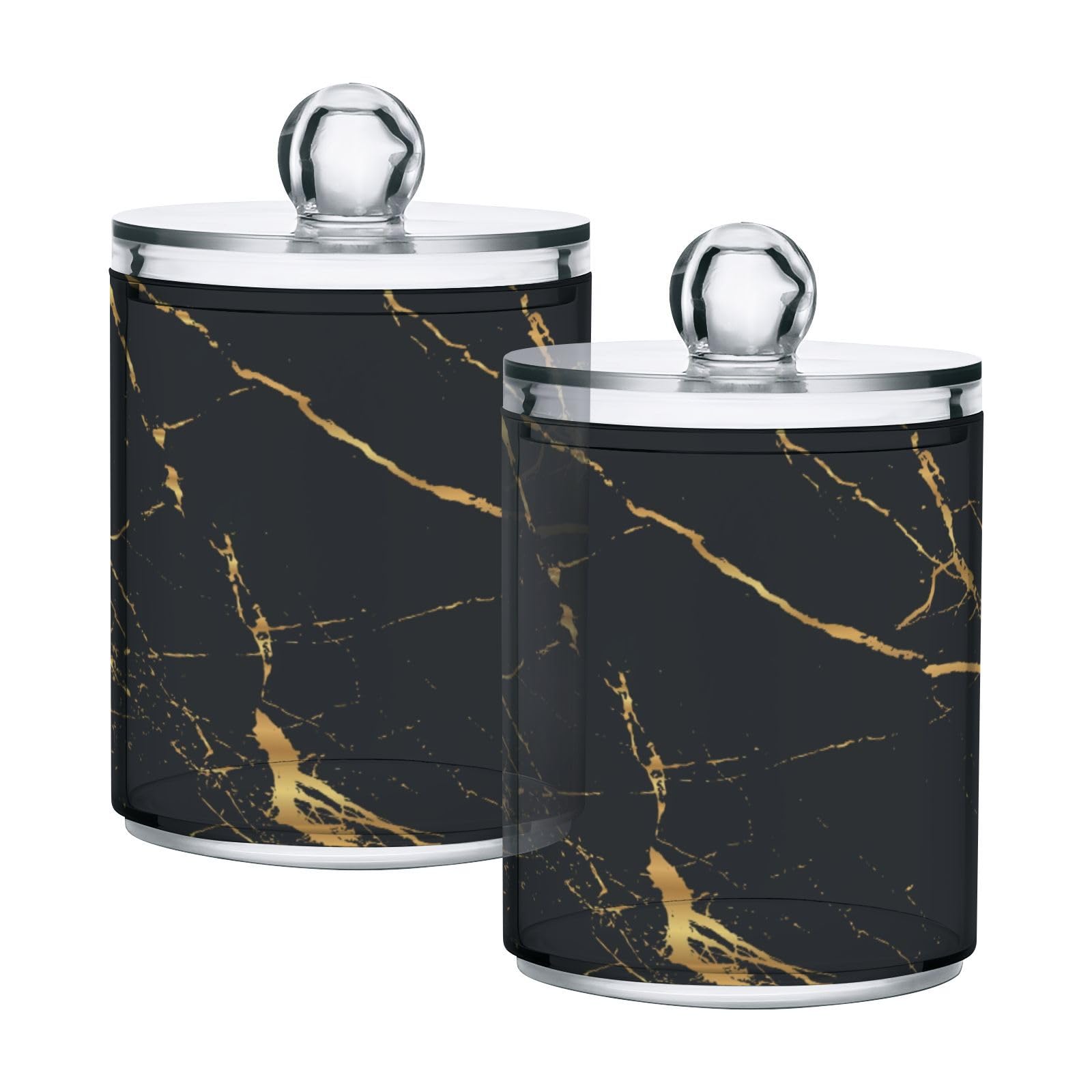 BOENLE 2 Pack Qtip Holder Organizer Dispenser Gold Black Marble Texture Bathroom Storage Canister Cotton Ball Holder Container for Cotton Pads/Swabs/Floss