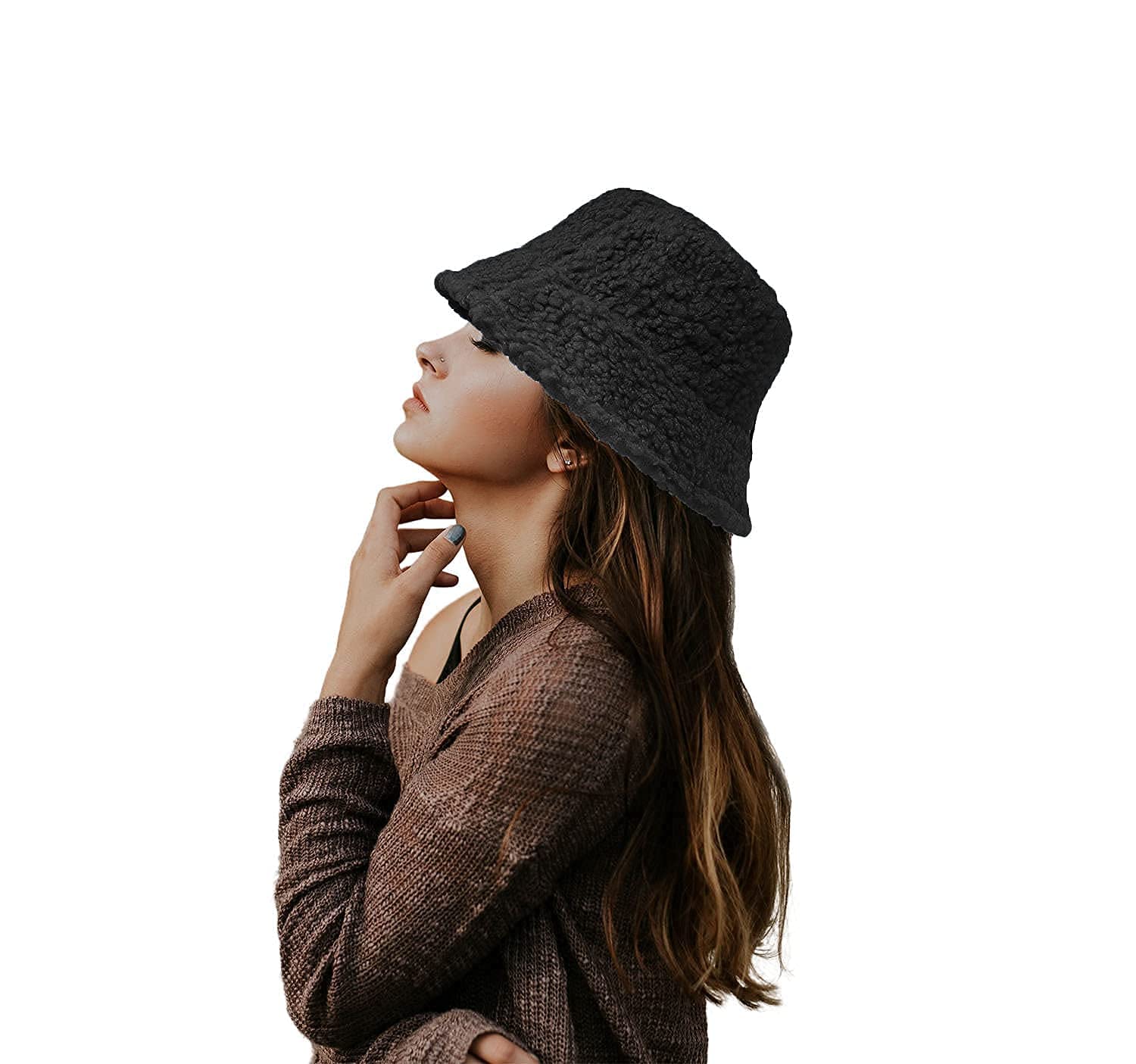 BA UNIQUE FASHION Reversible Solid Color Women Winter Faux Suede Fur Bucket Hat (Black Tone)