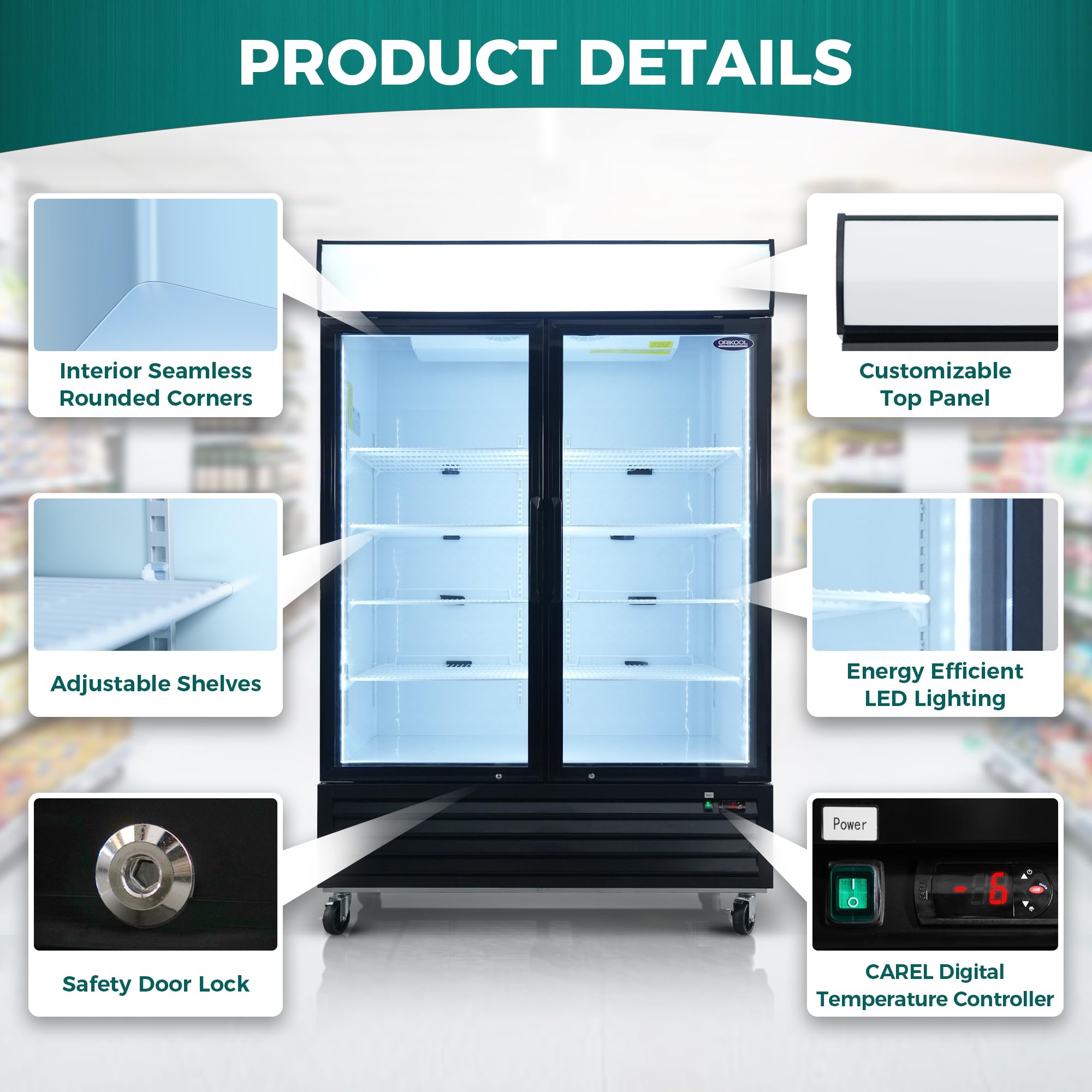 ORIKOOL 81" Commercial Merchandiser Freezer Upright, -8~-1β, 70 Cu.ft, 3 Glass Doors Display Freezer, LED Top Panel, ETL & DOE