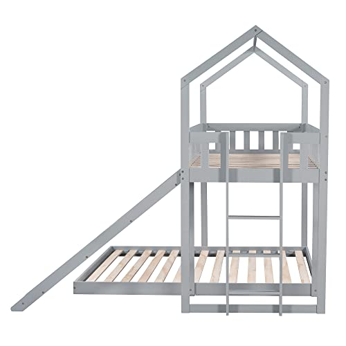 GLORHOME Twin Over Full House Bunk Bed, Detachable to Floor Bedframe and A Loftbed, with Slide, Built-in Ladder,Full-Length Guardrail for Kids Adults,Roof can be Decorated
