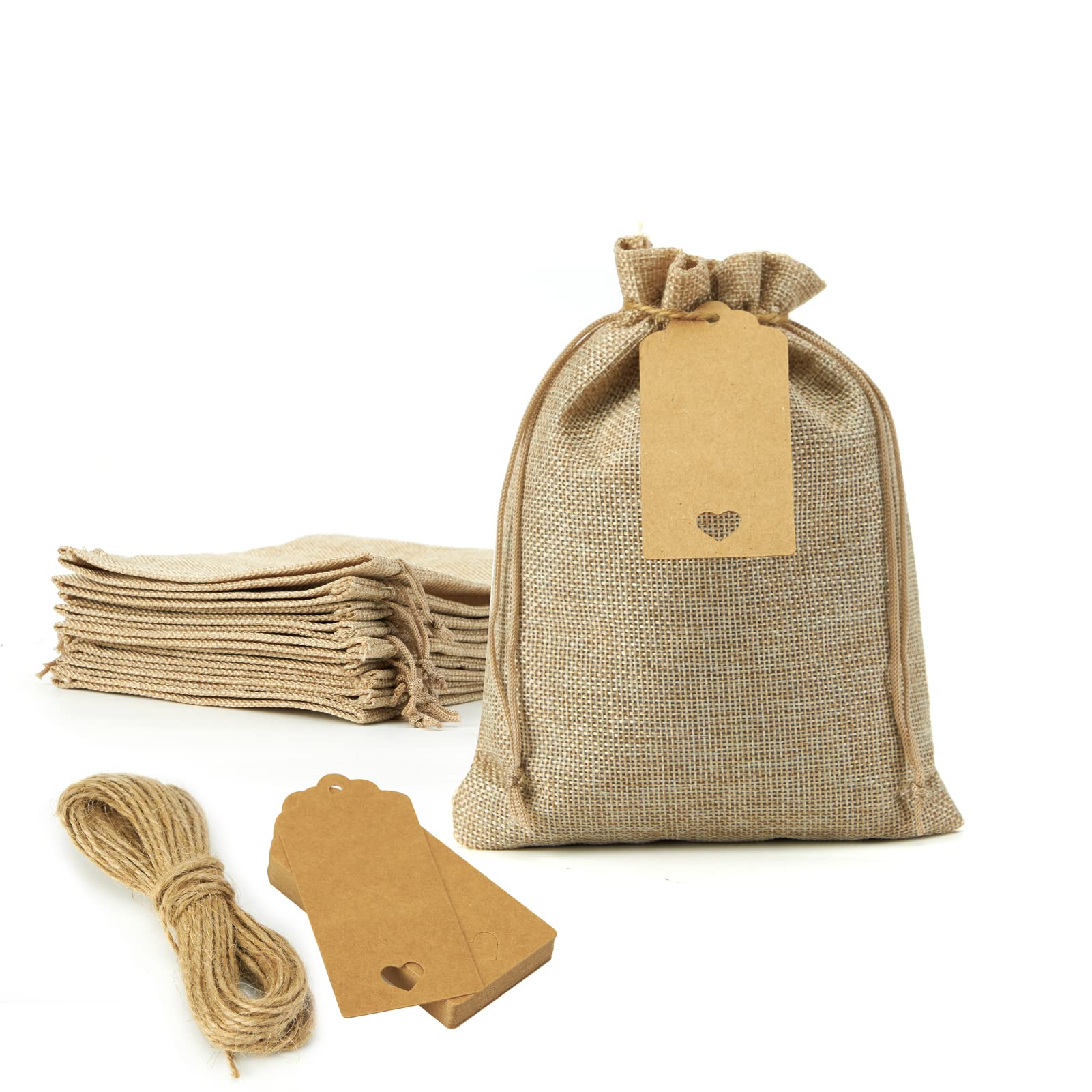 FOCCIUP 10 Pcs 7" x 9" Burlap Gift Bags with Drawstring Gift Bags for Wedding Party Jewelry Craft Packing with Tags