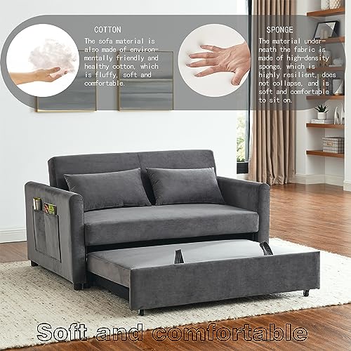 FANYE Foldable Futon Sofa Loveseat Convertible Sleeper Couch Bed for Small Space Apartment Office Living Room Furniture Sets with 2, Tufted Back & Seat Sofabed, Gray Velvet Bring Side Pockets, Pillows