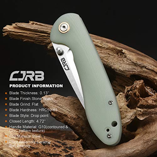 CJRB Folding Knife Feldspar Pocket Stonewash D2 Steel Blade G10 Tactical Handle EDC Knife Green-Large (J1912)