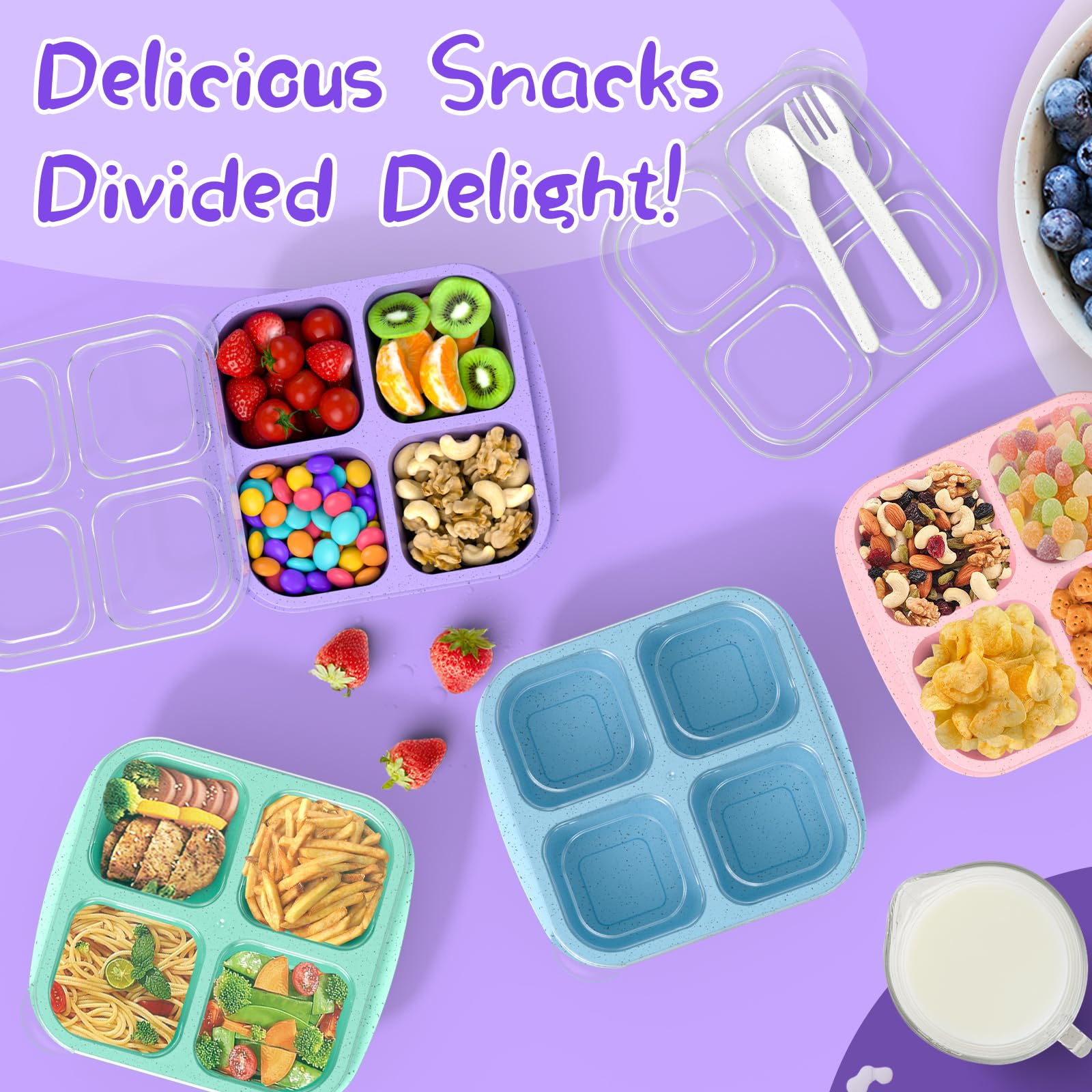 Bento Snack Containers(4 Pack), 4-Compartment Meal Prep Containers Reusable, Snackle Box Container for Kids and Adults,Divided Lunchable Container Food Storage Containers for School, Work, Travel