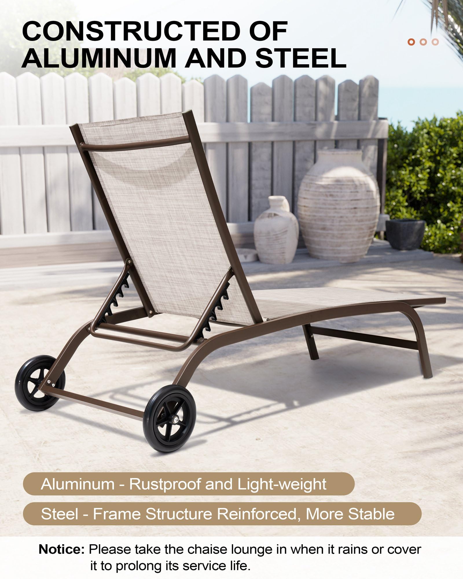 Crestlive Products Aluminum Chaise Lounge Chairs with Wheels Outdoor Adjustable Recliner Five-Position and Full Flat All Weather for Patio, Beach, Yard, Pool (2PCS Beige)