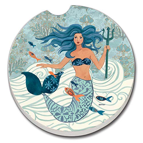 CounterArt Mermaid Island 1 Pack Absorbent Stone Coaster for Vehicle Cup Holder 2.6” Diameter Manufactured in The USA