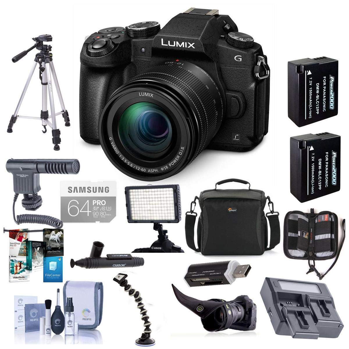 Panasonic Lumix DMC-G85 Mirrorless Camera with 12-60mm F/3.5-5.6 Lumix G OIS Lens Black - Bundle with Camera Bag, 64GB SDXC Card, 2x Spare Battery, Tripod, Shotgun Mic, Video Light, Dual Charger, More