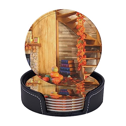Halloween Pumpkin Sunflower Printed Coasters Set of 6 Pu Leather Round Coasters with Holder Heat Resistant Drink Coasters Coffee Cup Mat for Kitchen Office Bar
