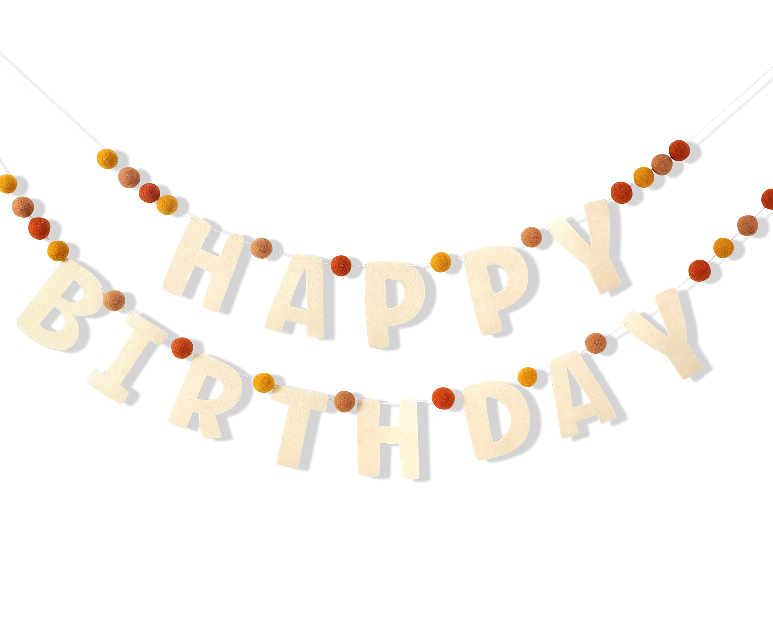 Boho Felt Happy Birthday Garland - Natural Handmade Wool Letters & Balls, Boho Birthday Decoration, Decorations for Children's Birthday Parties, Assembled Happy Birthday Banner