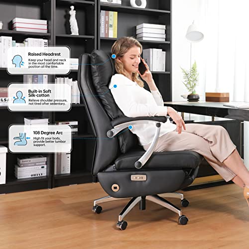 LEAGOO Automatic Executive Office Chair High-Back Electric Reclining Office Chair with Footrest, Ergonomic Computer Desk Chairs with Wheels and Linkage Arms Swivel Rolling Chair with Genuine Leather