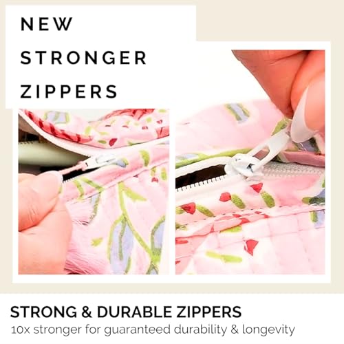 Block Print Designer Toiletry Bag & Makeup Case - Boho Floral Quilted Pouch for Cosmetics, Skincare - Waterproof Lined Organizer for Diaper Bag, Purse, Travel, Gift, Pencils (Pink Multi Floral)