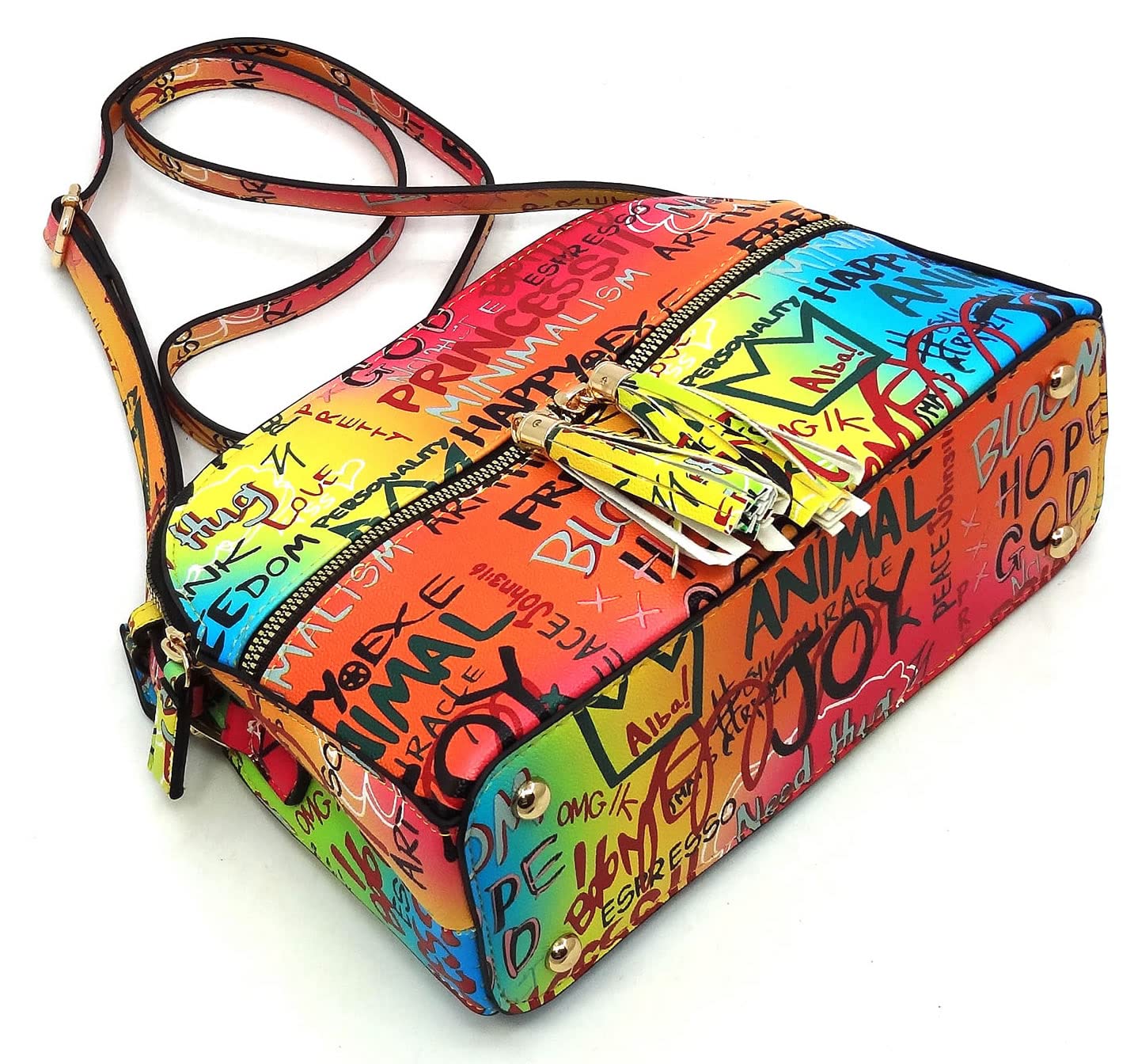 MIZUBA Multi Graffiti Tassel Zipper Crossbody Bag graffiti bags for spray cans graffiti art bag graffiti bags and purses (Blue/fuchsia)