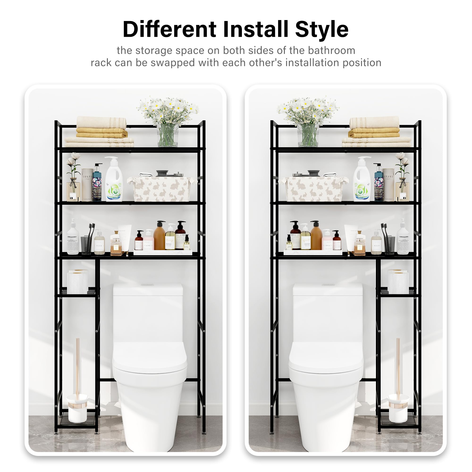 MallBoo Over The Toilet Storage, 5 Tier Bathroom Organizer Shelf, 31.5''W Toilet Rack with Adjustable Feet, Bathroom Rack for Restroom, Laundry, Balcony(Black)