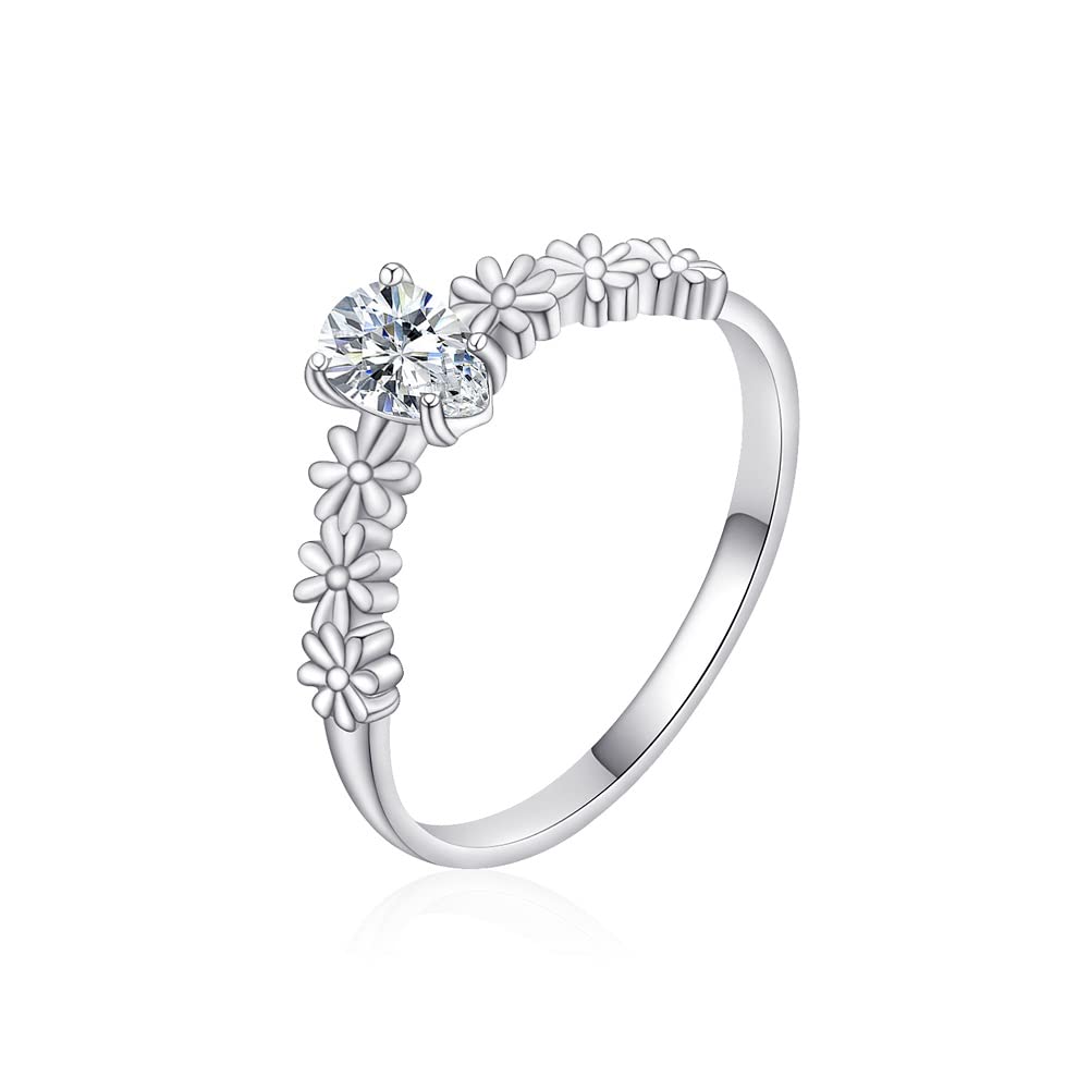 AMBCESSER Hypoallergenic 925 Sterling Silver Daisy Flower & Teardrop Cubic Zirconia Engagement Ring Size 8