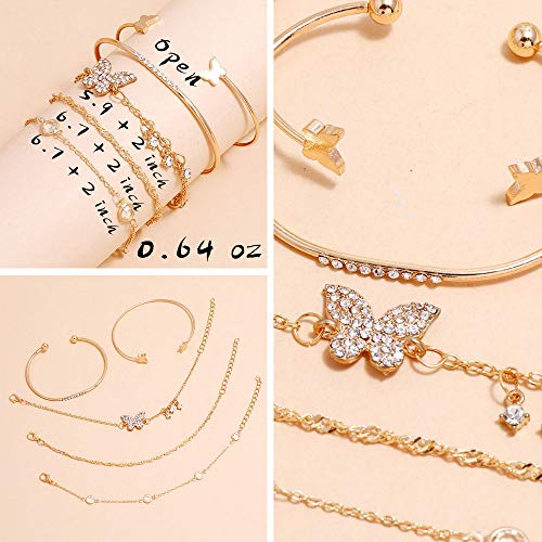 IFKM 6 PACK (24 PCS) Boho Gold Chain Bracelets Set for Women Girls, 14K Gold Plated Multiple Layered Stackable Open Cuff Wrap Bangle Adjustable Link Italian Cuban Jewelry for Women Girls Gift