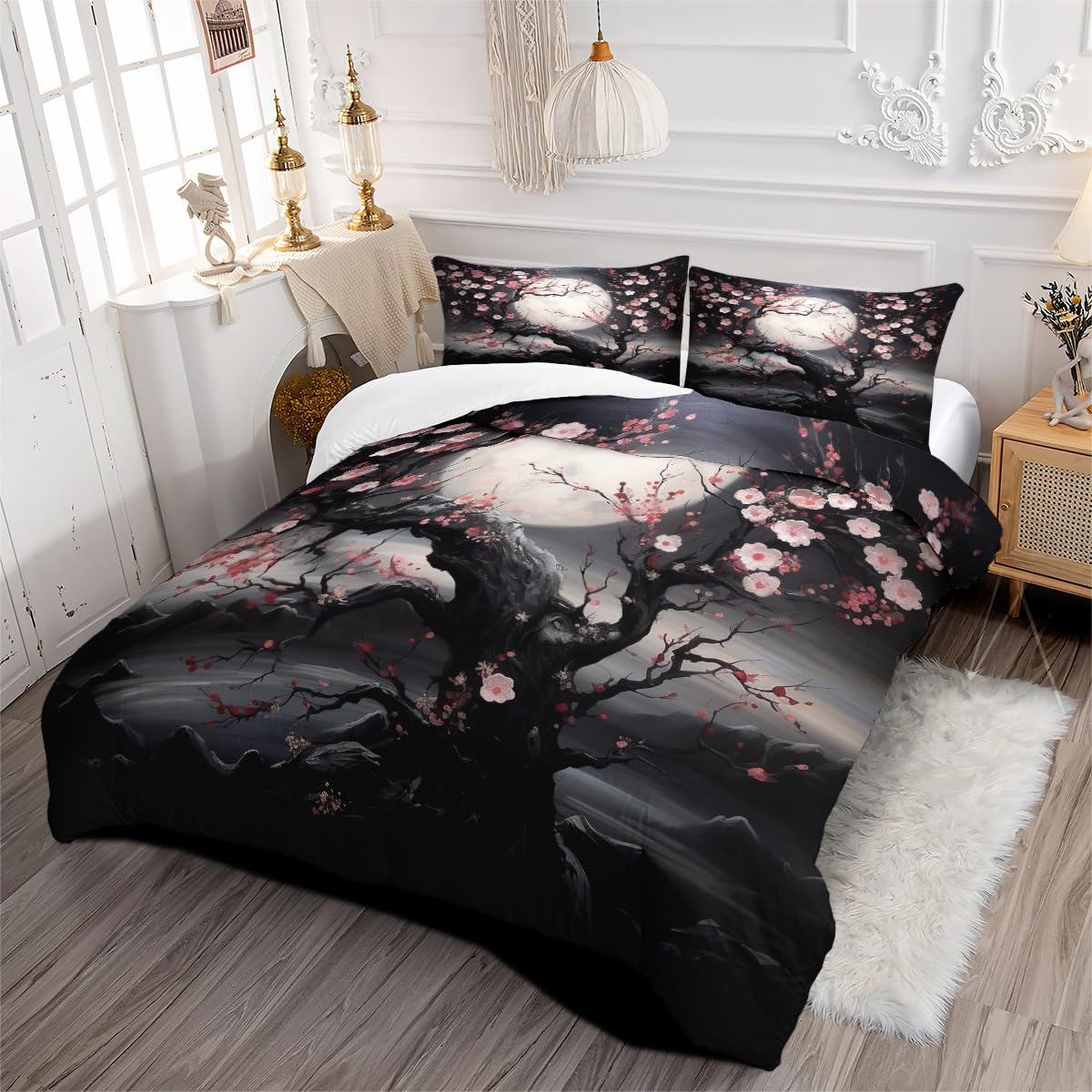 CCoutueChen King Black Pink Cherry Blossom Duvet Cover Japanese Style Cherry Blossoms Duvet Cover Set 3Pcs Vintage Floral Bedding Set with Zipper Closure 4 Ties (2 Pillowcases, No Comforter)