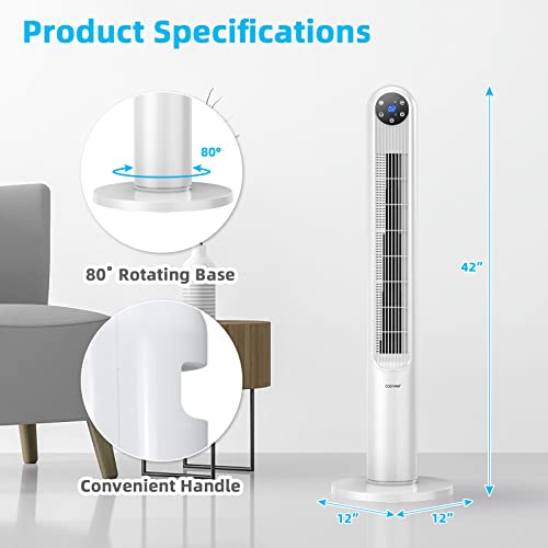 COSTWAY Tower Fan, 42-Inch Portable 80 Degrees Oscillating Fan with Remote, Smart Control Panel, 3 Wind Modes, 12H Timer, Quiet Bladeless Fan for Living Room, Bedroom, Kitchen, Office (White)