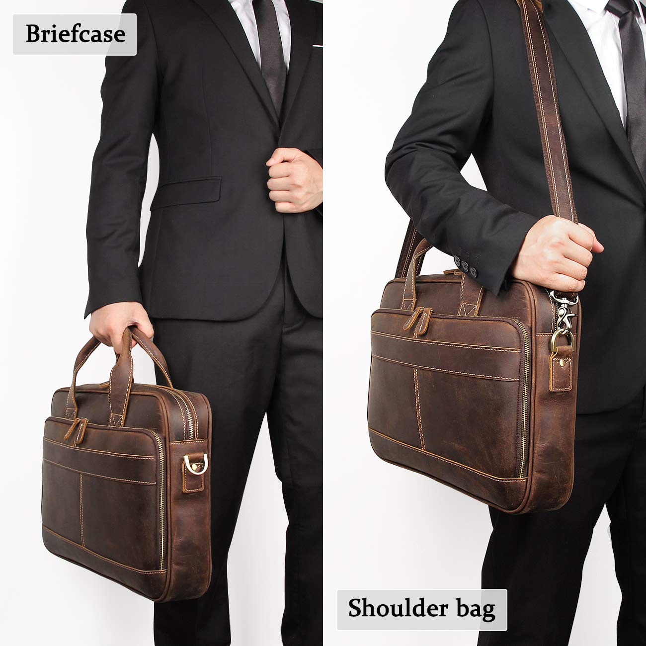 Augus Leather Messenger Bag for Men Vintage Travel Backpack 15.6 inch laptop Briefcase Shoulder Bags With YKK Metal Zipper