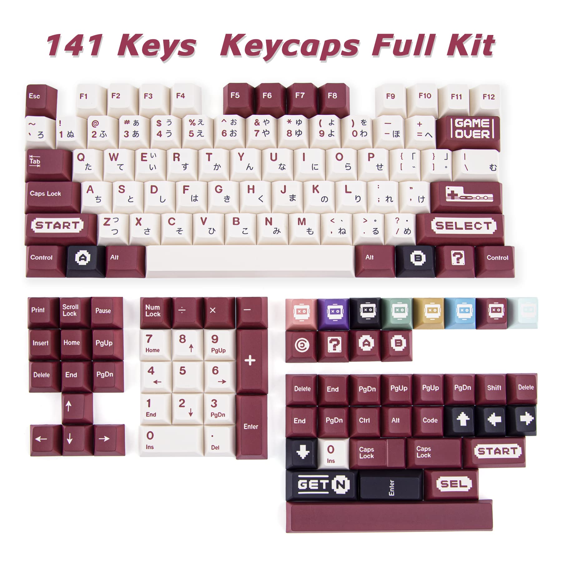 Cherry Profile PBT Keycaps 141 Keys Set Custom Dye Sublimation ANSI Layout for Cherry MX Switches Gateron Kailh Box Mechanical Keyboards Retro FC Gaming Theme