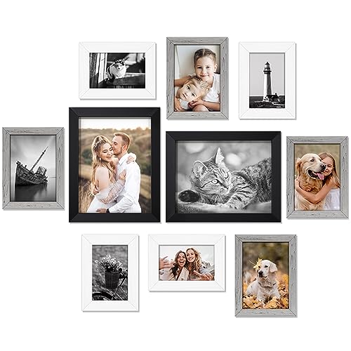 HAMITOR Picture Frames Set for Wall Gallery - 10 Pack Assorted Color Modern Wooden Collage Photo Frame for Wall Decor or Tabletop Display Including Two 8x10 / Four 5x7 / Four 4x6 - Black White Gray