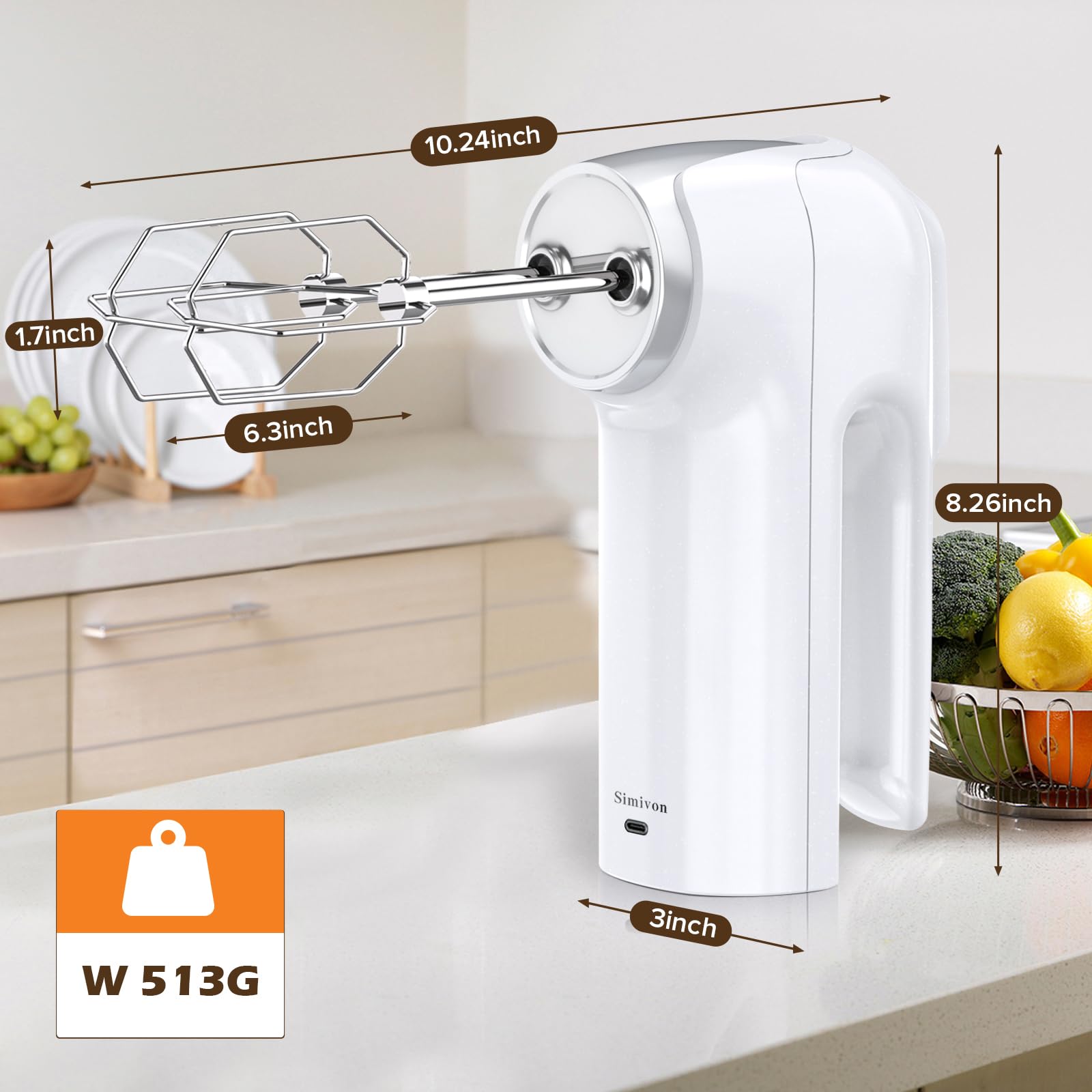Simivon Rechargeable Hand Mixer - Portable Cordless Electric Mixer with One-Touch Ejector,2 Easy-to-Clean Stainless Steel Dough Hooks,2 Whisks for Easy Whipping, Stirring,Mixing,3 Speed,Pearl White