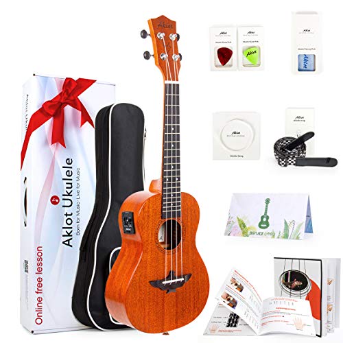 Electric Concert Ukulele, AKLOT Ukelele 23 Inch Solid Mahogany with Equalizer Uke for Professional Player with Beginner Kit (Gig Bag, Picks, Strap, String, Cleaning Cloth, Starter Manual)