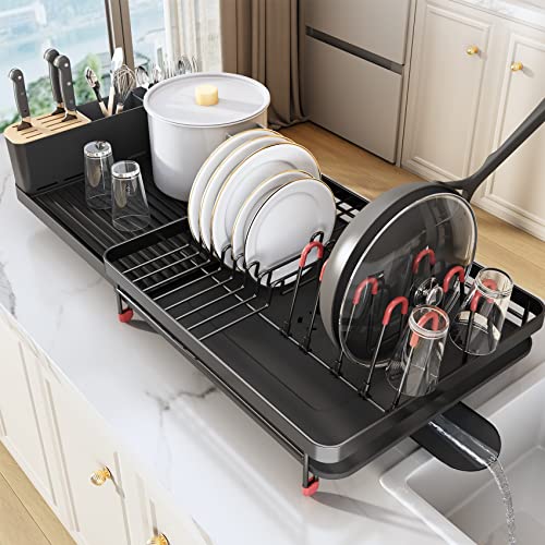 Dish Drying Rack, Expandable Dish Racks for Kitchen Counter, Multifunctional Extra Large Dish Strainers with Cutlery & Pan Holders, Extendable Anti-Rust Dish Drainers with Drainboard for Kitchenware
