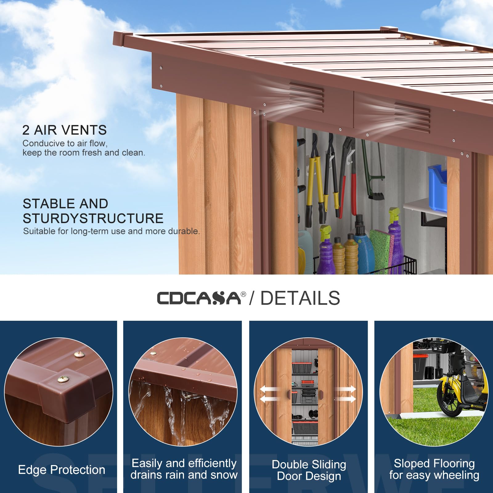 CDCASA 5.3' x 3.2' Storage Shed, Metal Outdoor Storage Sheds with Double Sliding Doors,Large Waterproof Tool Shed for Garden Patio, Backyard, Brown