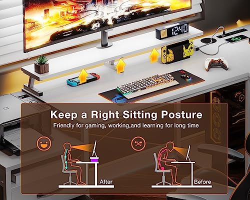 KKL Home Office Desk with File Drawer & 3 Power Outlets &2 USB Ports, 55'' L Shaped Desk with Storage Shelves, Printer Cabinet and Monitor Shelf, Computer Table Executive Desk Workstation, White