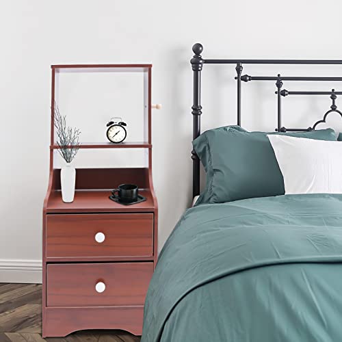 Eapmic 2 Drawers Dresser with Top Cabinet Storage, Nightstand End Bedside Table Storage Cabinet Chest of Drawers with Open Shelf, Wide Storage Space for Home Office,White (2 Drawers,Brown)
