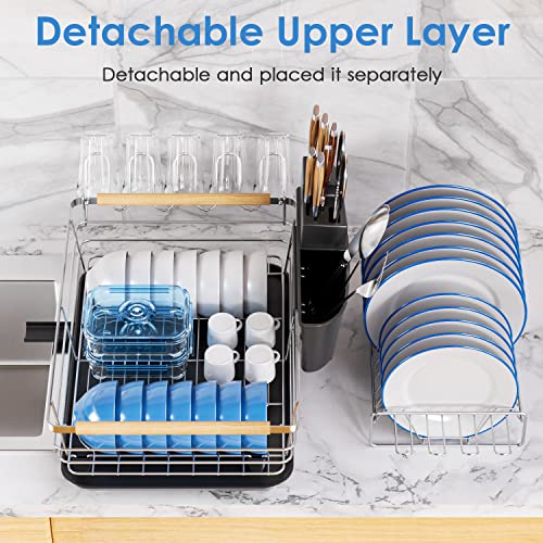 G-TING Dish Drying Rack, 2 Tier Detachable Dish Rack and Drainboard Set, Rust-Proof Drying Rack for Kitchen Counter, Large Capacity Dish Drainer with Utensils Holder and Cup Rack, Silver