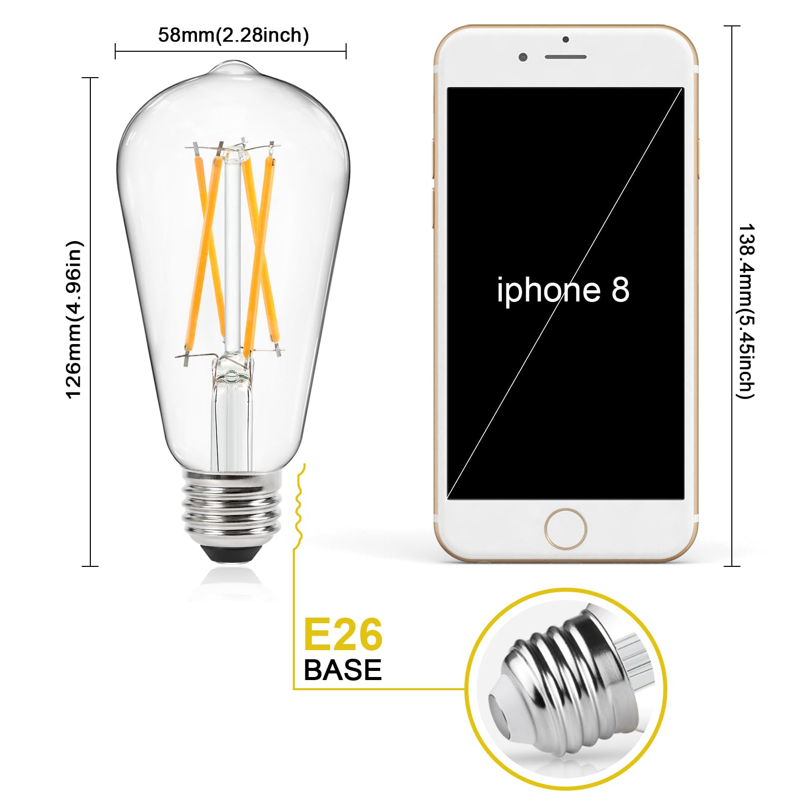 Ascher Dimmable E26 Vintage LED Edison Bulbs, 60 Watt Equivalent, Warm White 2700K, CRI 95+, Clear Glass Filament Light Bulbs for Chandeliers,Ceiling Fan,Pendant,Wall sconces, Pack of 4