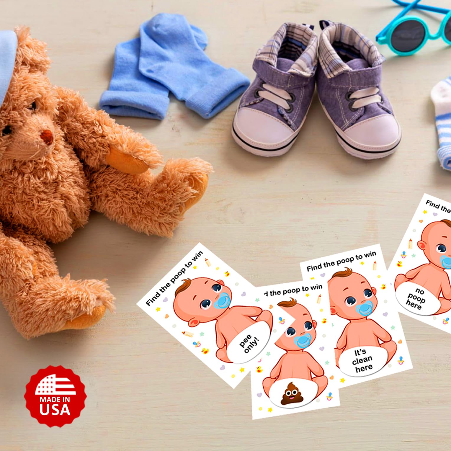 Baby Shower Boy Scratch Off Poop Game, Easy to Play Silly Games, Fun Idea, Ice Breaker Activity. Raffle Cards, Blue Pacifier, Set of 40 Cards Made in USA