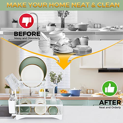 Dish Drying Rack for Kitchen Counter, 2-Tier Dish Racks with Drainboard, Large Capacity Dish Drainer Organizer Shelf with Utensil Holder, Wine Glass Holder(White)