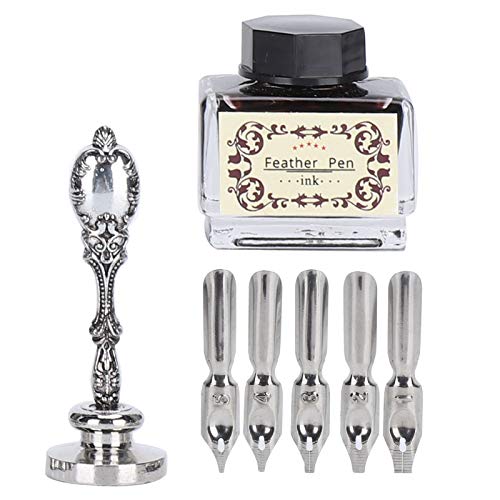 GLOGLOW Feather Pen Set, Vintage Calligraphy Writing Pen Kit with 5pcs Replacement Nib, Seal, Empty Ink Bottle for Office Stationery(Red)