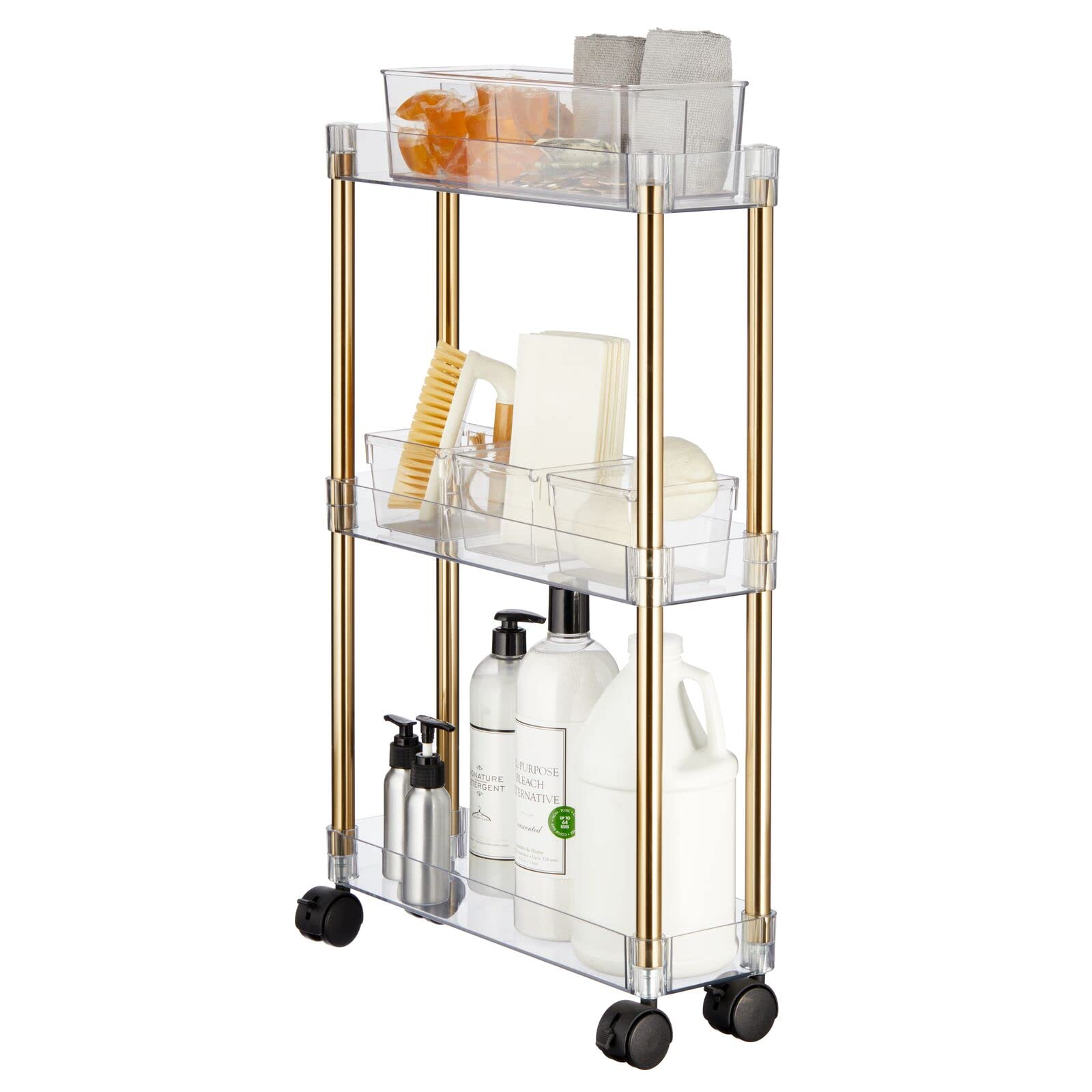 mDesign Slim Portable 3-Tier Household Rolling Storage Cart for Bathroom, Kitchen, Craft Room, Laundry Room, Office, and Kid's Playroom - 4 Rotating Wheels - Clear/Soft Brass