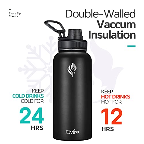 Elvira 32oz Vacuum Insulated Stainless Steel Water Bottle with Straw & Spout Lids, Double Wall Sweat-proof BPA Free to Keep Beverages Cold For 24Hrs or Hot For 12Hrs-Black