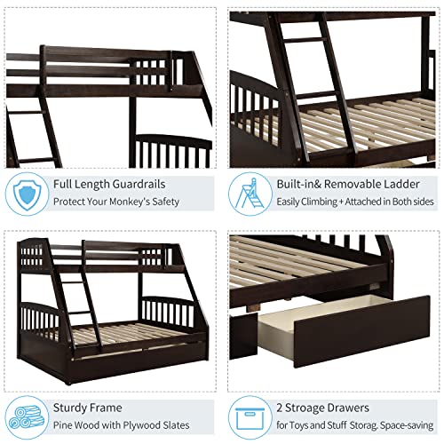 Harper & Bright Designs Twin Over Full Bunk Bed with Two Storage Drawers, Solid Wood Bunk Bed for Kids, Teens, Adults, Espresso