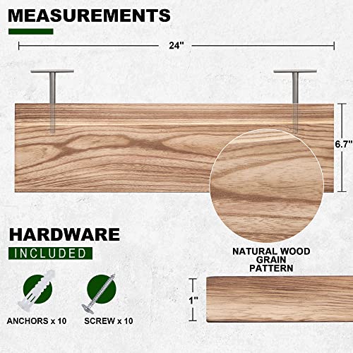 Floating Shelves, 24 Inch Wall Shelf Set of 2, Rustic Wood Shelves for Wall Storage, Wall Mounted Wooden Display Shelf for Bathroom Bedroom Kitchen Garage, Carbonized Black