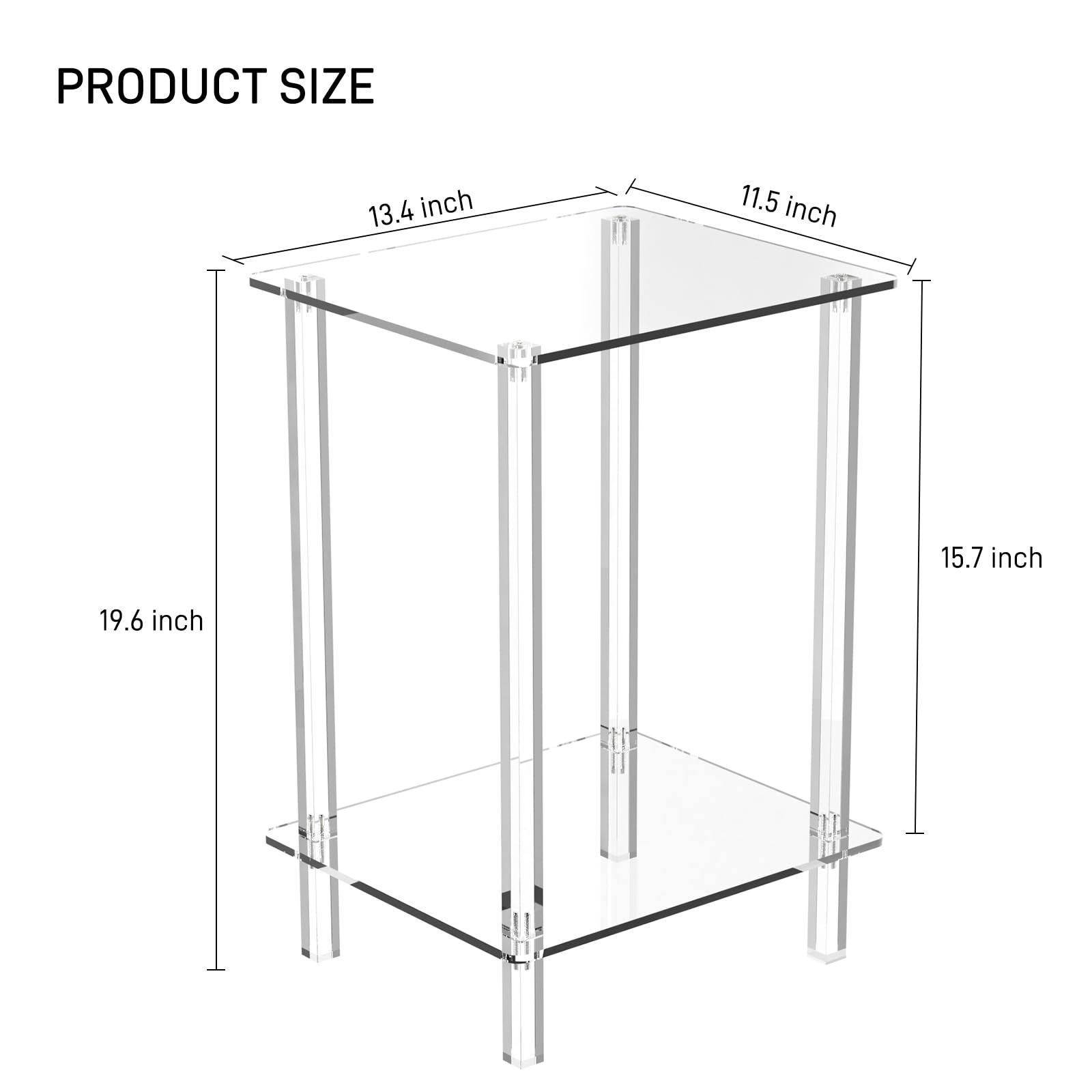 Eglaf Acrylic Small Side Table with Square Leg - 13.4'' L x 11.5'' W x 19.6'' H - Small Nightstand Bedside Table 2-Tier Clear End Table for Living Room, Bedroom