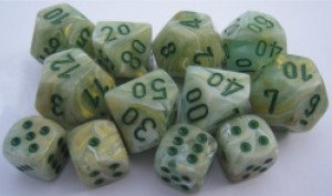 Chessex Dice Sets: Marble Green Multi-Color Swirl with Dark Green Pips - Ten Sided Die d10 Set (10)