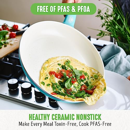 GreenLife Soft Grip Healthy Ceramic Nonstick 16 Piece Kitchen Cookware Pots and Frying Sauce Pans Set, PFAS-Free, Dishwasher Safe, Caribbean Blue
